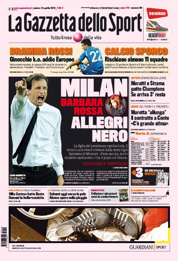 Gazzetta dello Sport/ Milan Barbara rossa Allegri nero ...